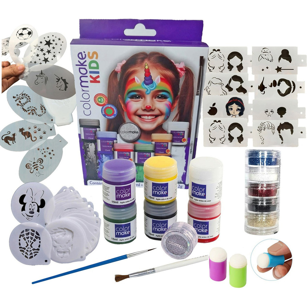 Kit 98 Stencil Pintura Facial + 6 Glitter + 6 Tintas + 2 Batedores + 2 ...