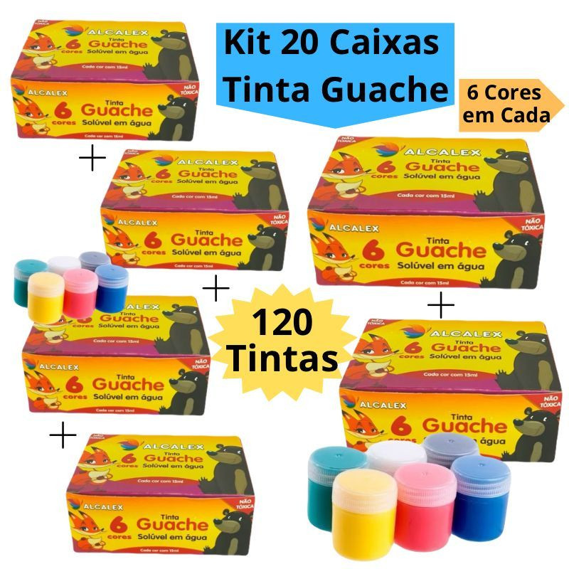 Kit 20 Caixas Tinta Guache 15ml Caixa Com 6 Cores Diferentes 120 Tintas ...