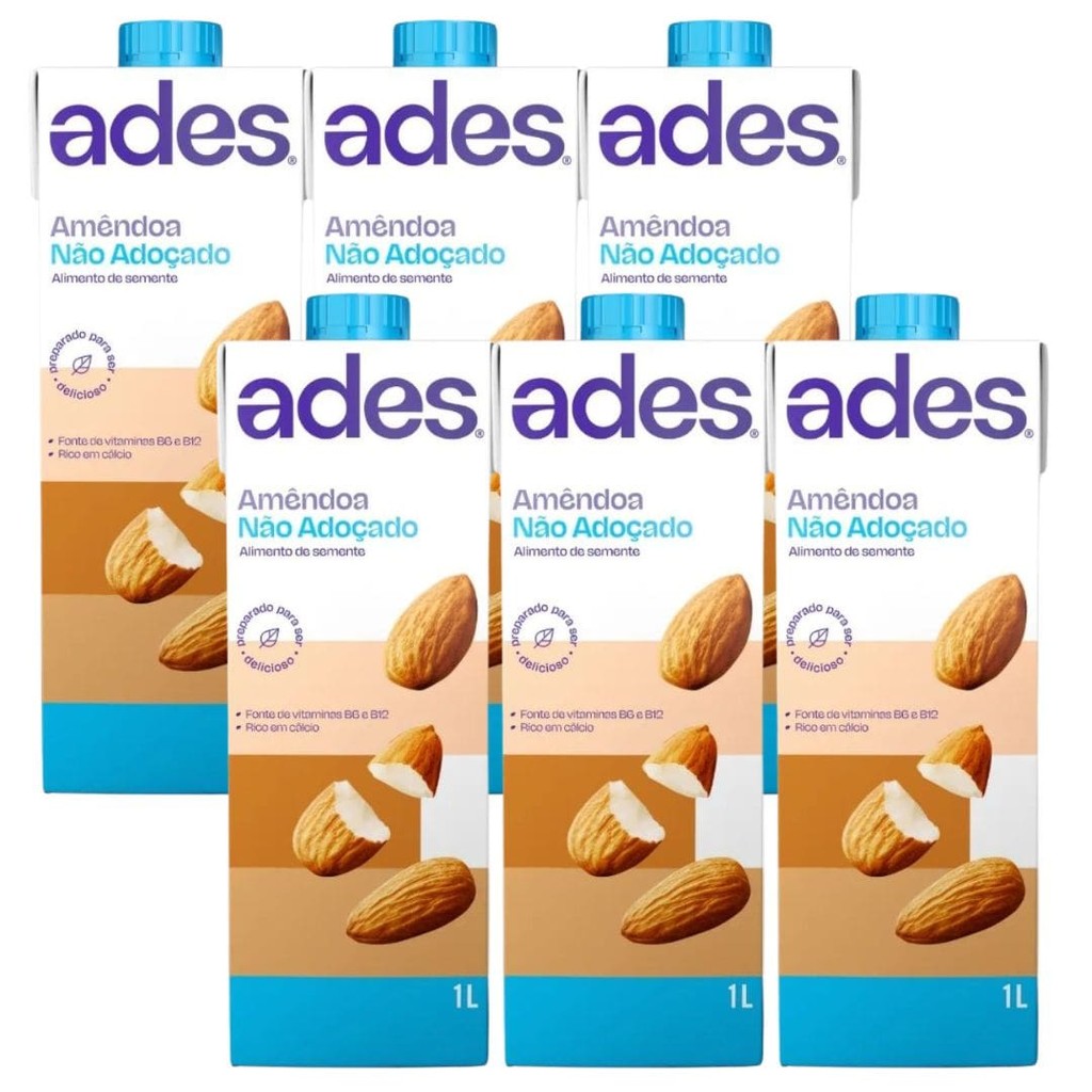 Caixa com 6un Leite de Amêndoas Ades 1L Zero Açúcar Bebida Vegetal Sem ...