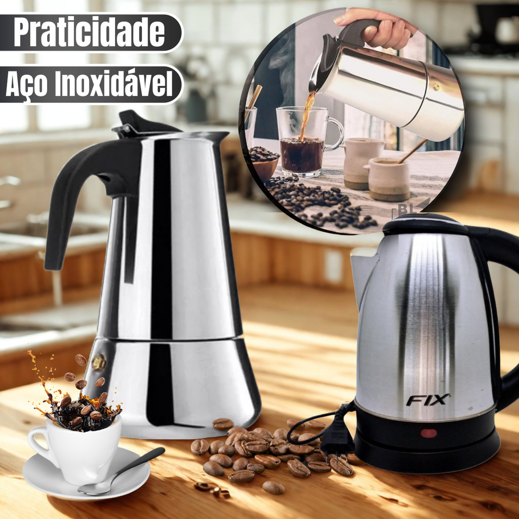Kit Cafeteira Italiana Inox E Jarra Chaleira Elétrica Café | Shopee Brasil