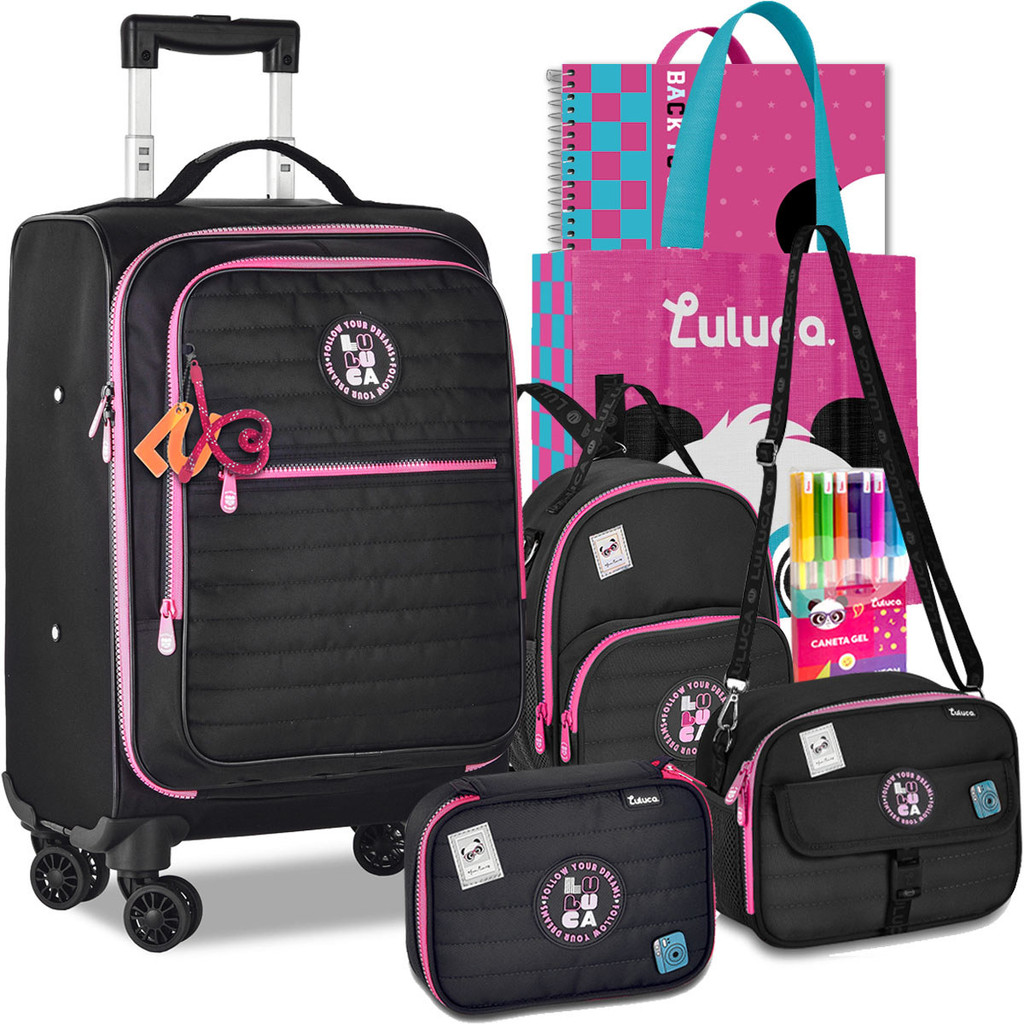 Kit Mochila Mala Escolar Luluca Lancheira Estojo Rodinha 360 Carrinho ...