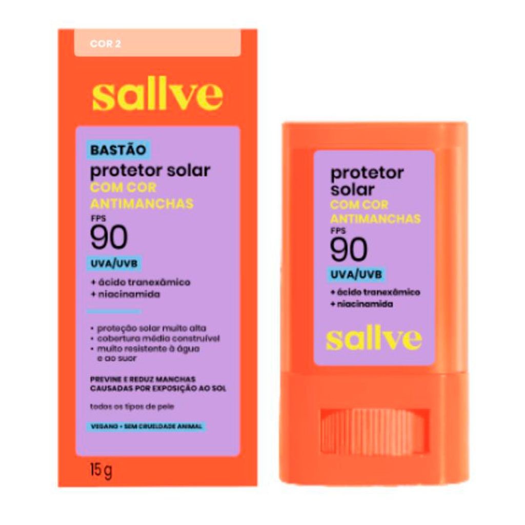 Protetor Solar Sallve Bastão com Cor Antimanchas FPS 90 Cor 2 15g ...