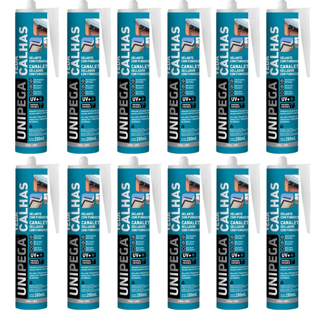 Kit 12 Veda Calhas Cinza Cola Selante 280ML Unipega Antifungos Extra ...
