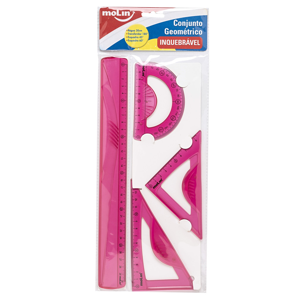 Kit Geométrico Escolar Flexível Rosa 4 Peças Régua, Esquadros ...