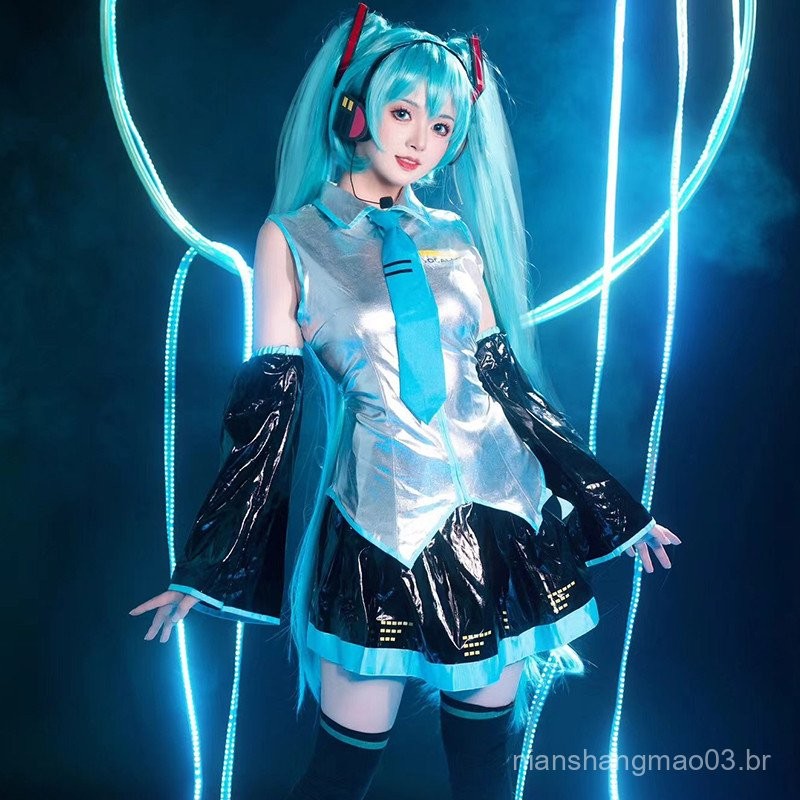 Fantasia de Cosplay Hatsune MIKU Oficial Coruro Sintético Conjunto de ...