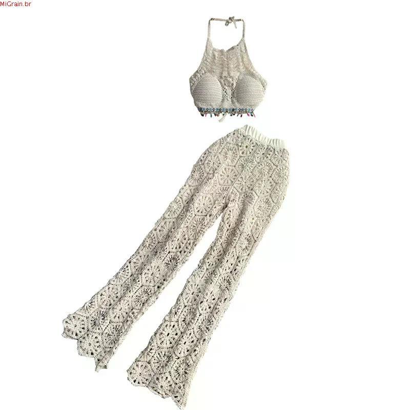 Mulheres De Malha De Verão Define Halter Curto Tops + Perna Larga ...