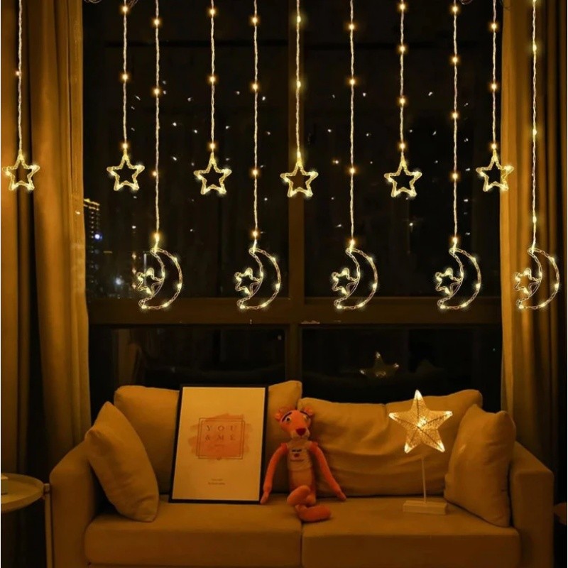 Decoração Luz Natal Cascata Led Com Pisca Pisca Cortina Estrela Lua ...