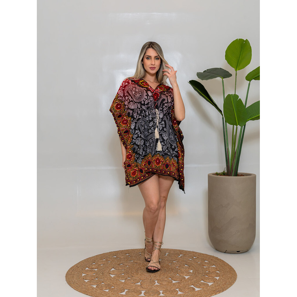 Vestido Kaftan Curto Feminino Estampado Boho Chic Decote V AE-25111 ...