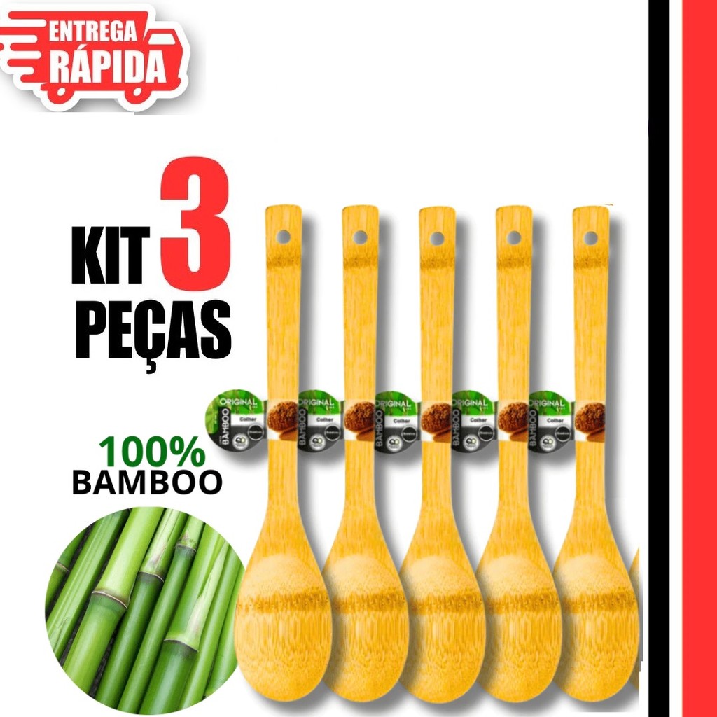 Kit 3 Colher de Bambu Pra Cozinhar Madeira Bamboo Media 30cm Pra ...