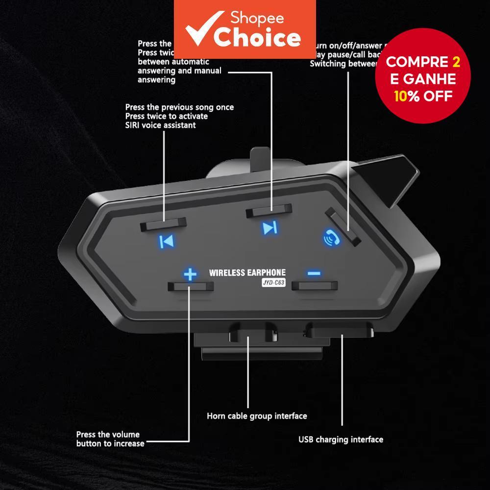 JYD-C63 Capacete de Motocicleta Fone de Ouvido 1000mAh Bluetooth 5.4 ...