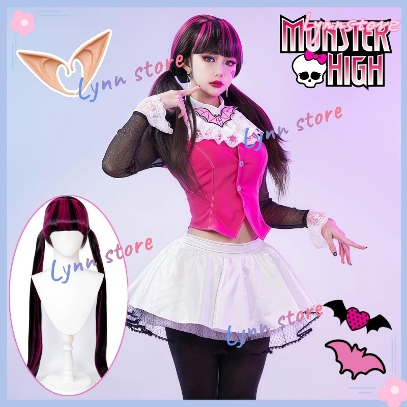 Vampiro Dráculaura Cosplay Traje & Peruca Monstro Alta Vestido Rosa ...