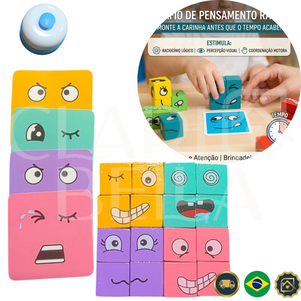 Blocos Cubo Expressões Emoji Infantil Em Madeira Jogo Educativo Com 72 ...