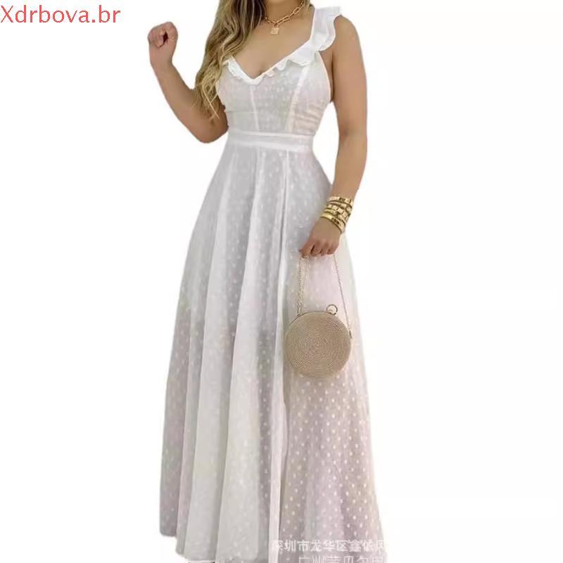 Vestido Longo Feminino Bandagem Sem Mangas Gola V Desmanchado Branco ...