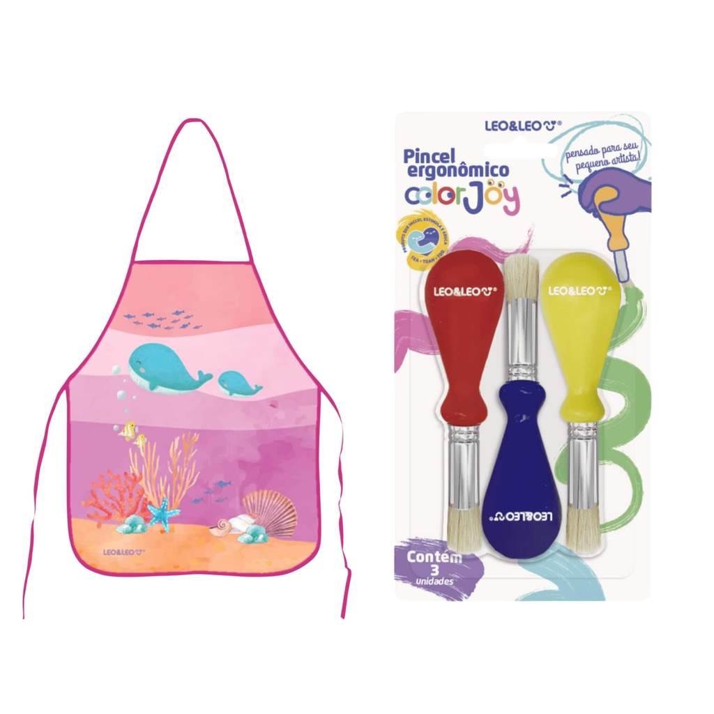 COMP Kit Avental Infantil Fundo do Mar + 3 Pincéis Ergonômicos Color ...
