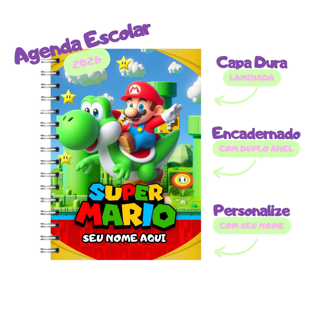 Agenda Escolar 2026 Personalizada com Nome • Super Mario • A5 • 1 Dia ...