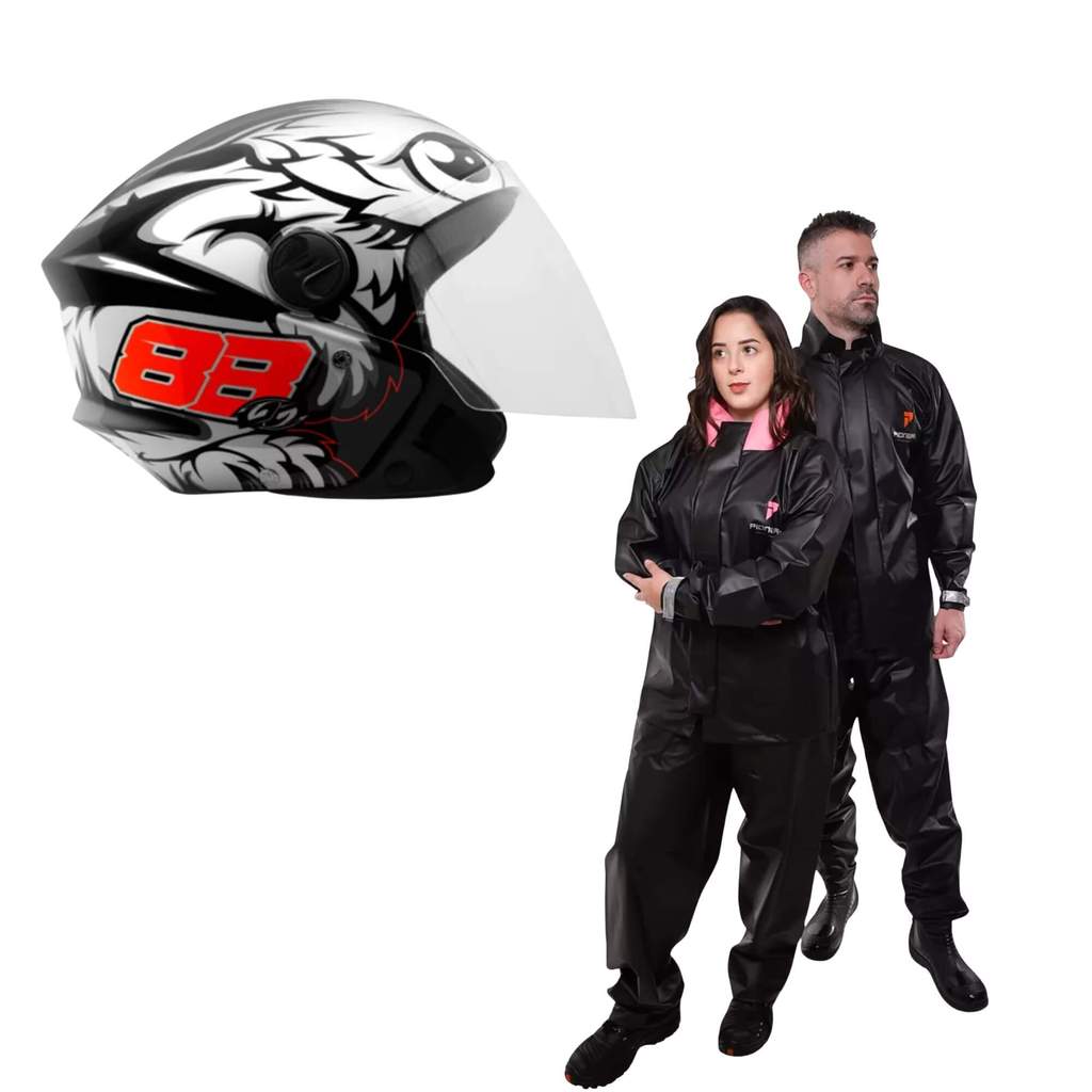 COMP Kit Motociclista Capa de Chuva PVC GG Preta + Capacete Pro Tork ...
