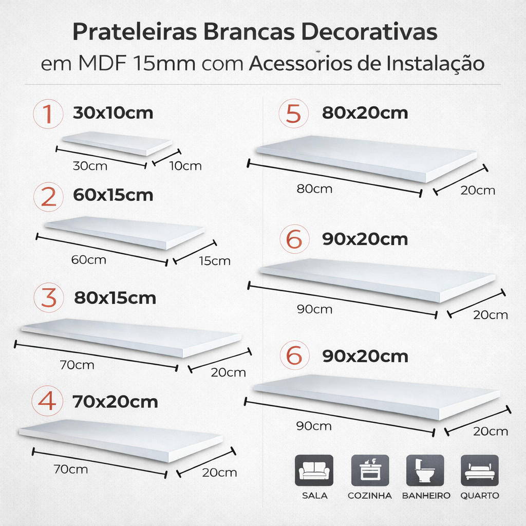 Prateleiras Decorativas Brancas MDF 15mm com Conjunto de Instalação ...