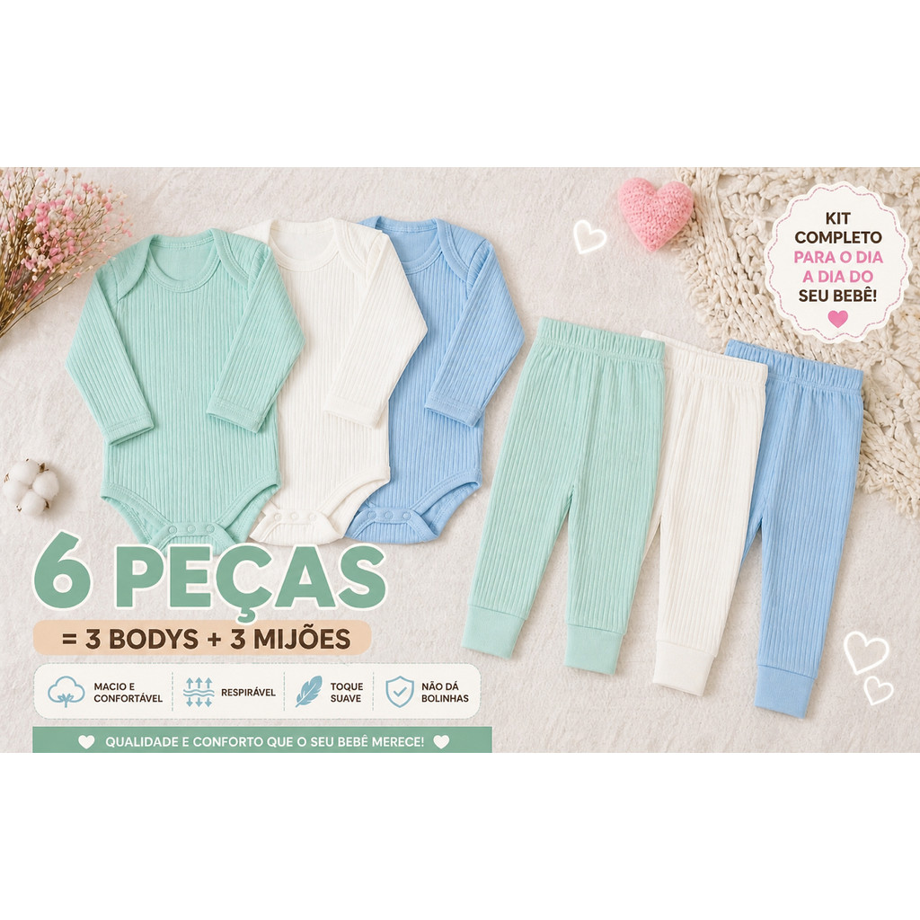Kit com 6 peças Conjunto Bebê Canelado Manga Longa Body e Calça Algodão ...