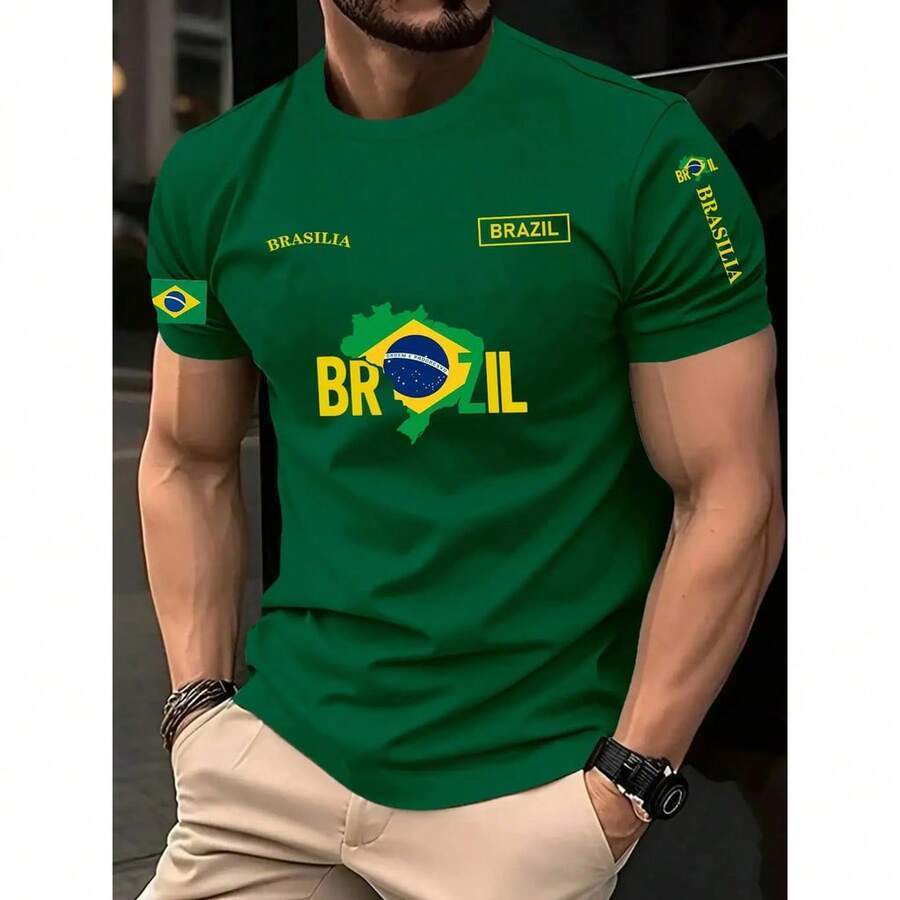 Camiseta Masculina Verde Brasil “Brazil Brasília” com Estampa Mapa e ...
