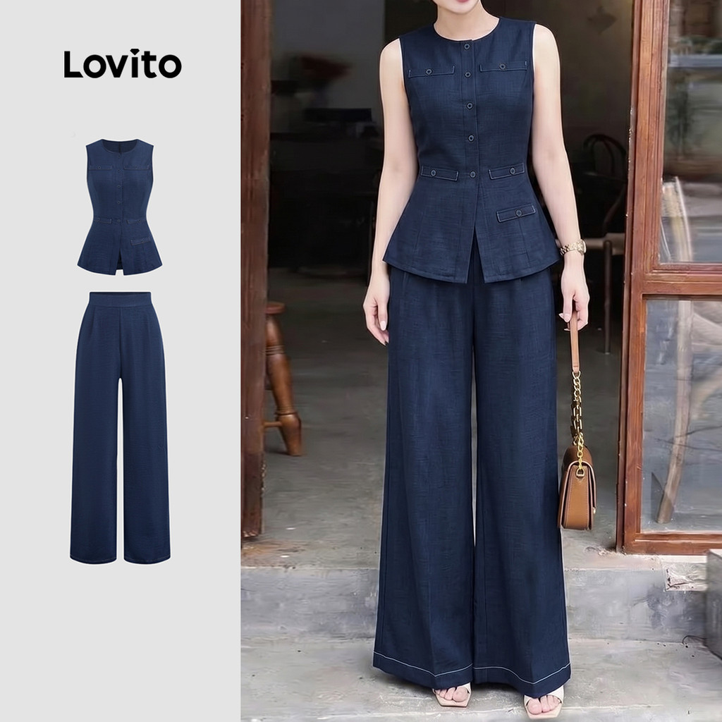 Lovito Tops ou Bottoms Elegantes Primavera/verão Blusa Azul-marinho ...