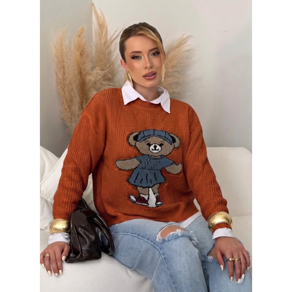 Blusa De Frio Tricô Ursinho Em Fio Mousse Suéter Manga Longa Inverno ...