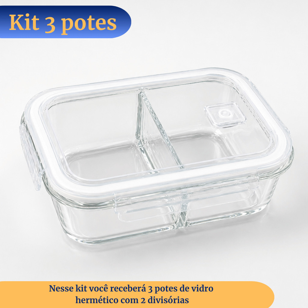 Combo 03 Potes De Vidro Hermético 2 Divisórias 1000ml | Para Marmita ...