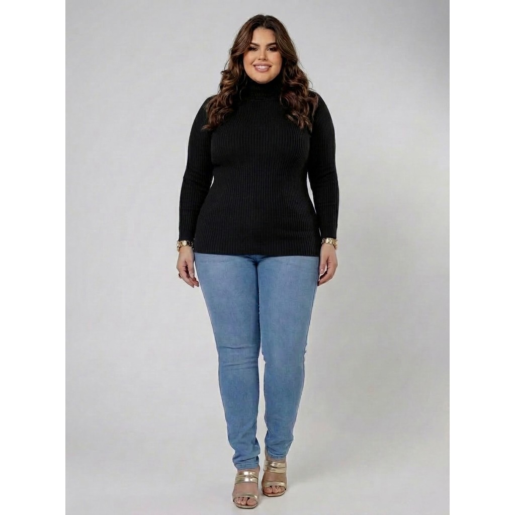Blusa Cacharrel Tricot Plus Size Gola Alta Manga Longa Feminina ...
