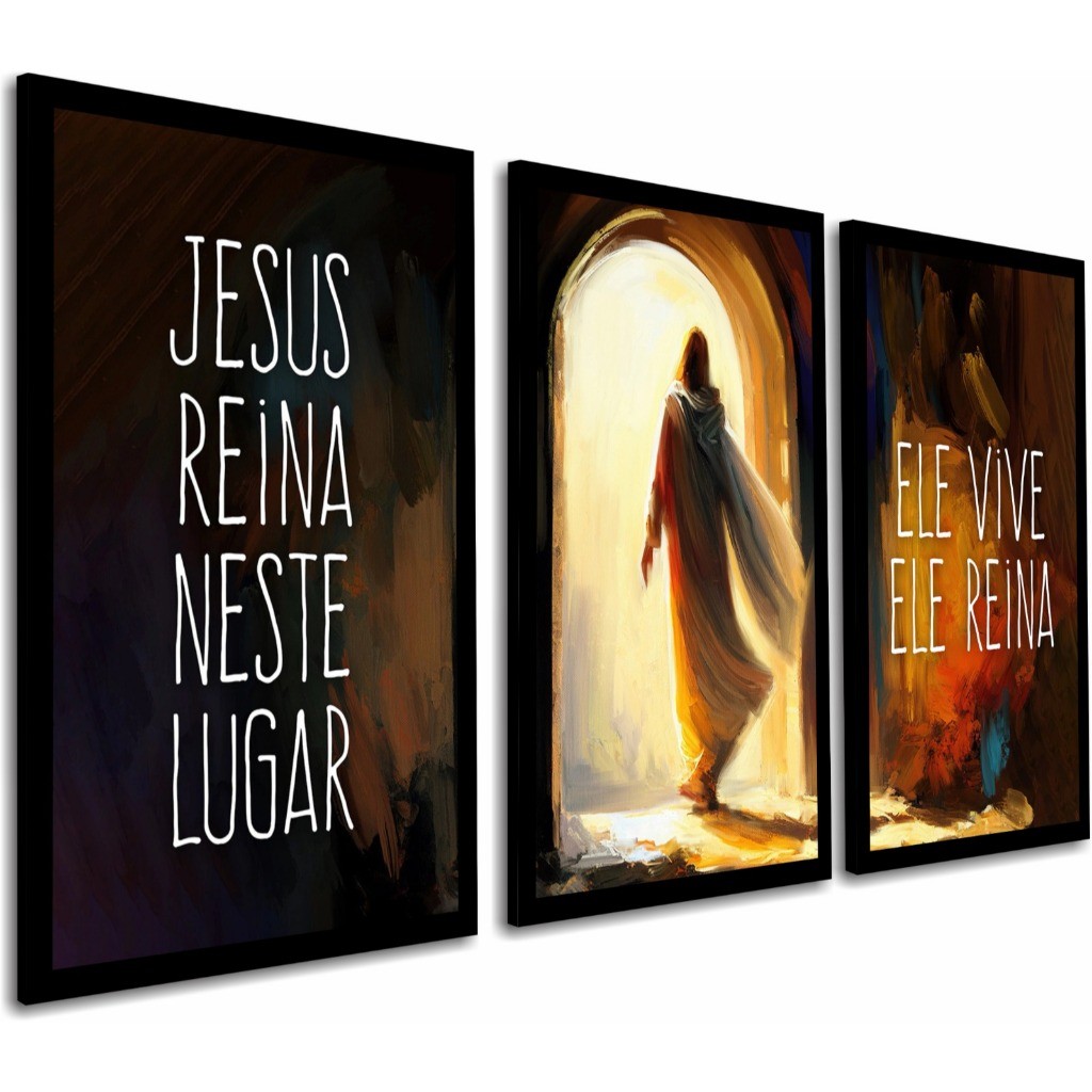 Kit 3 Quadros Decorativos Jesus reina nesse lugar Ele vive Ele reina ...