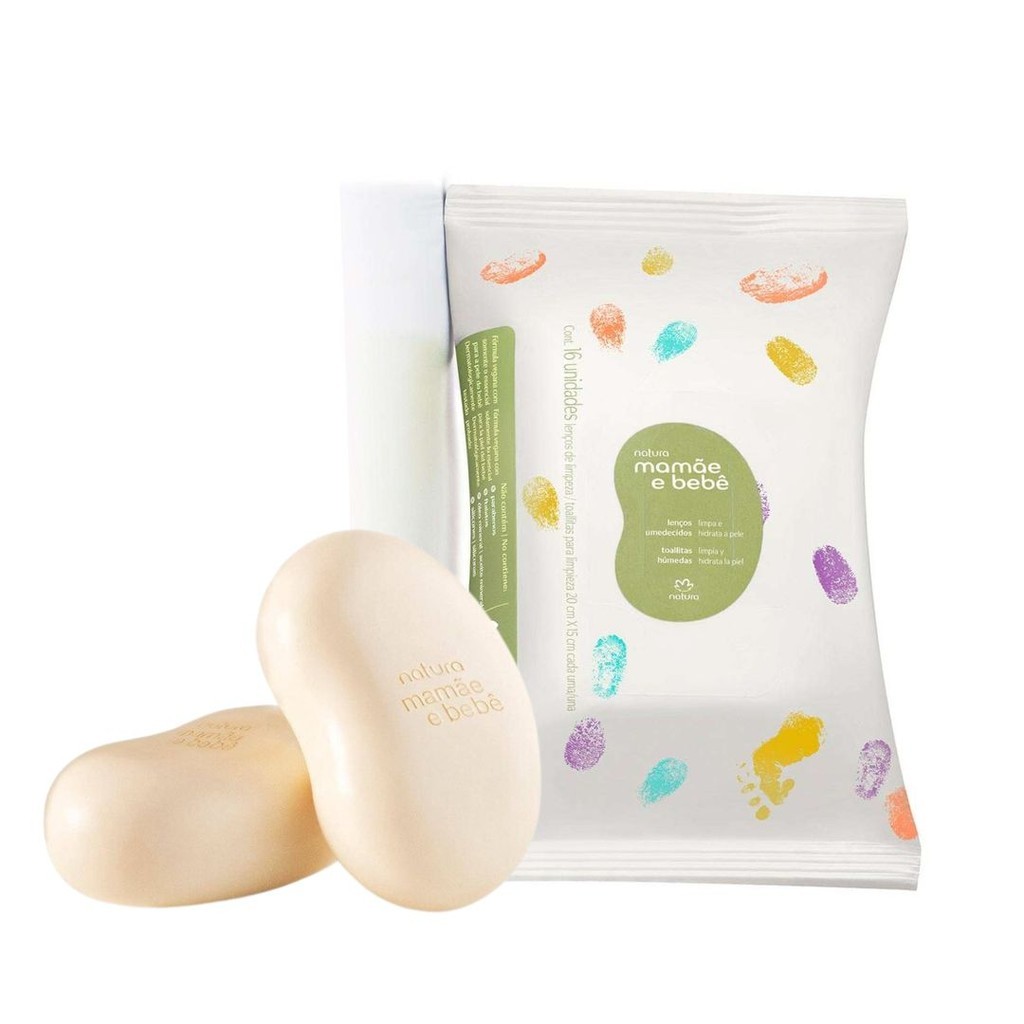 Kit Lenços Umedecidos 16 folhas + Sabonete em Barra c/ 2 un Mamãe e ...