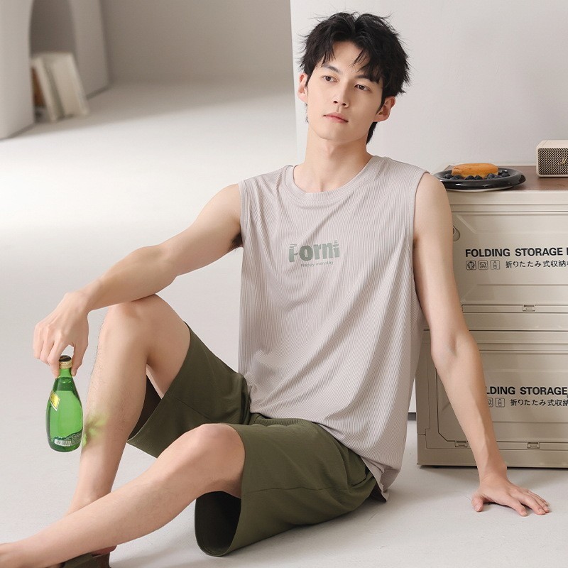 Pijama masculino com rosca de seda gelada, fino, gola redonda, colete ...