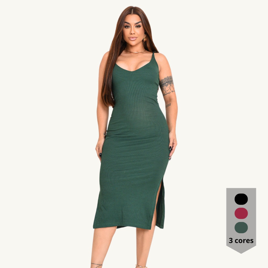 Vestido Canelado Sem Manga Alcinha Mid Fenda Premium Luxo Cores P ao GG ...