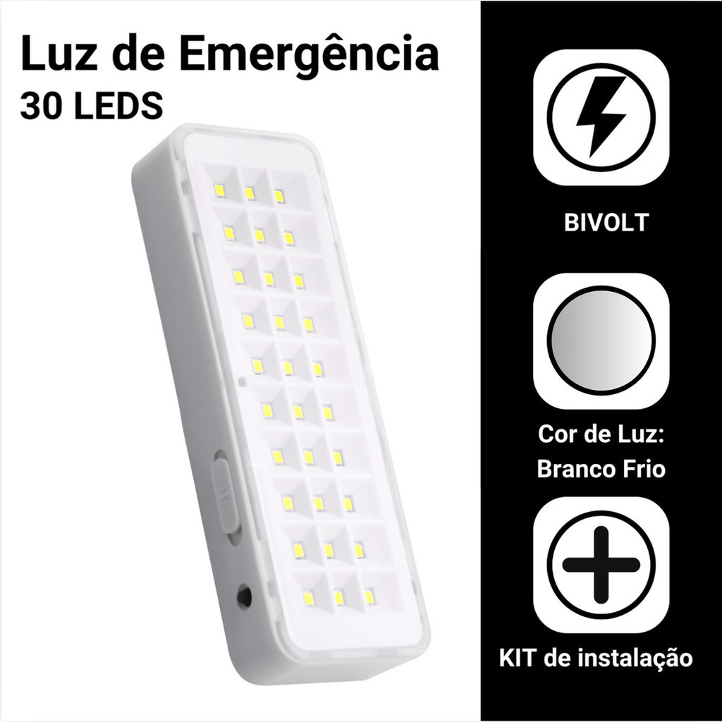 Kit 2 Luminárias De Emergência Lâmpada LED 30LEDS Branco Frio 6500K ...