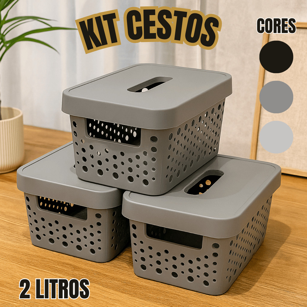 Kit Cesto Organizador 2 Litros com Tampa Multiuso Caixa Pequeno Cinza ...