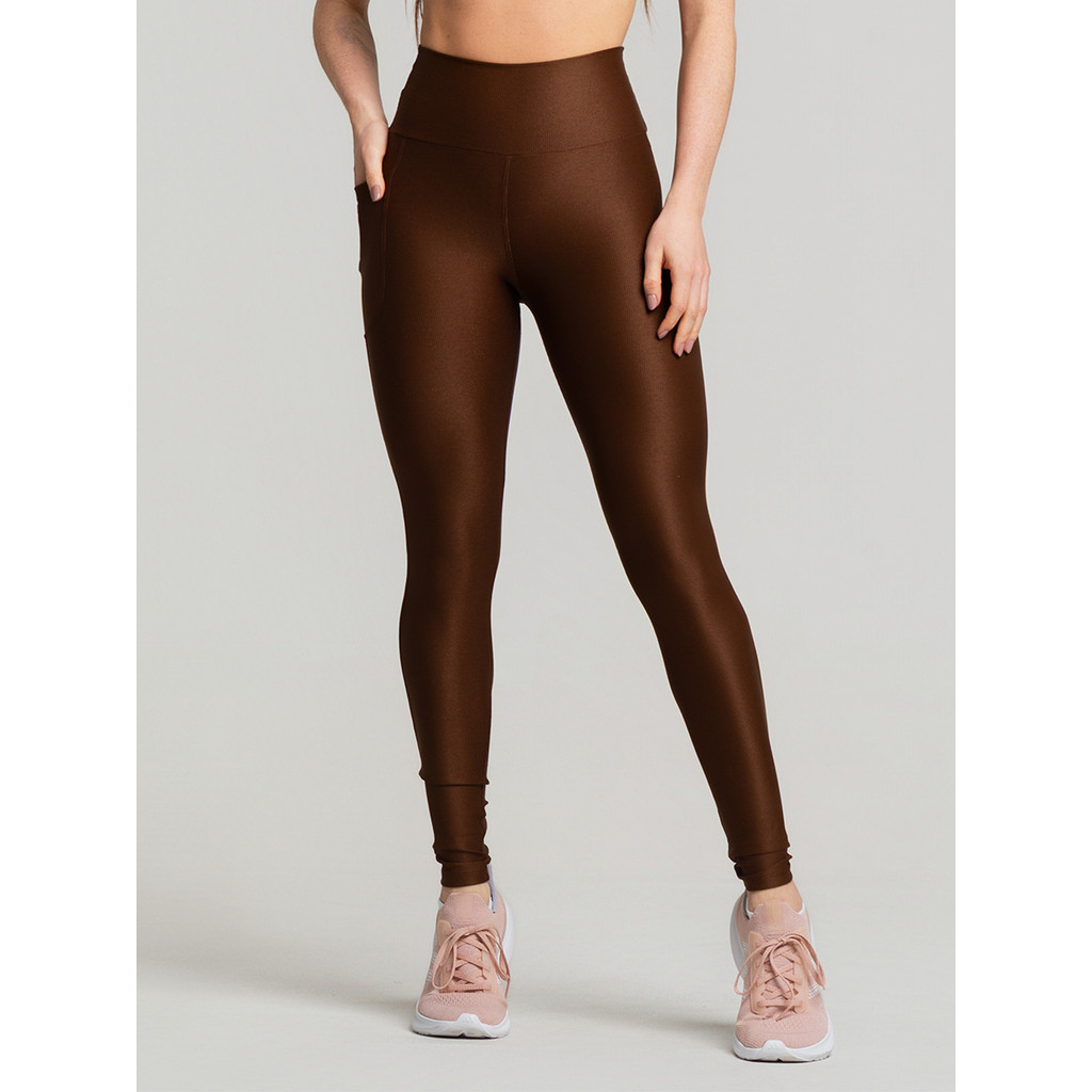 Legging Poliamida Cintura Alta Canelada Com Bolso Marrom Massam Fitness ...