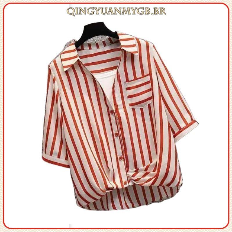 Blusa listrada plus size verão estilo coreano camisa de manga curta ...