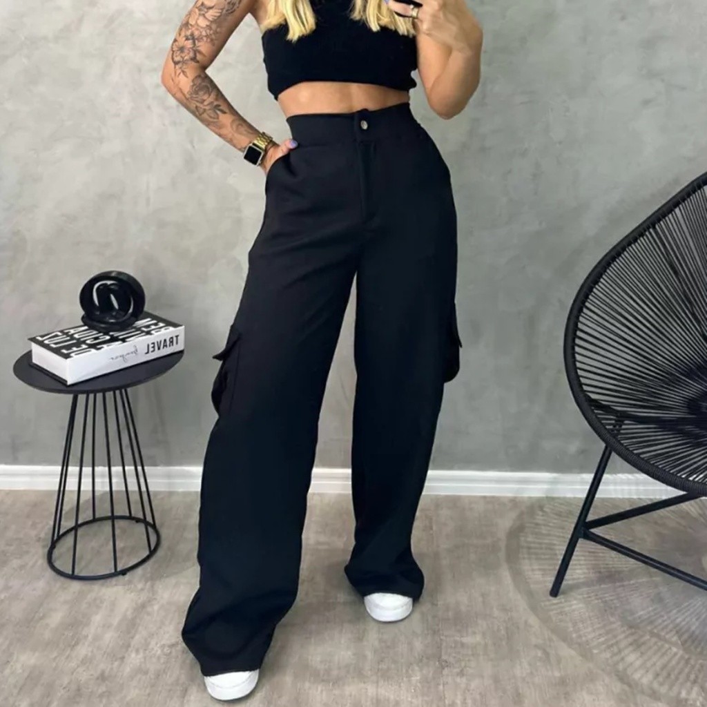 Calça CARGO Alfaiataria Feminina Pantalona WideLeg com Bolsos Laterais ...