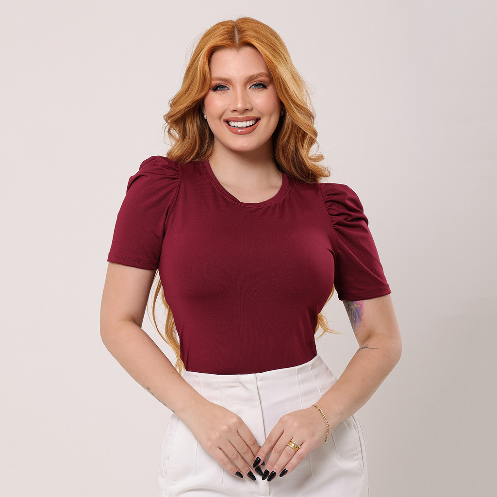Blusa Feminina Gola Redonda Manga Princesa - Marsala | Shopee Brasil