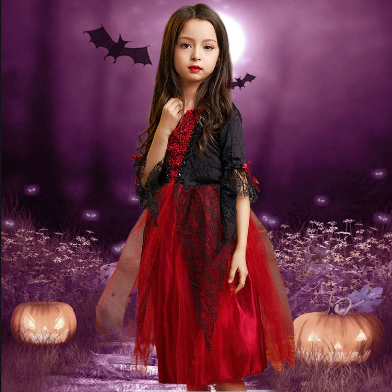 Halloween crianças traje gaze vestido de princesa menina cos vampiro ...