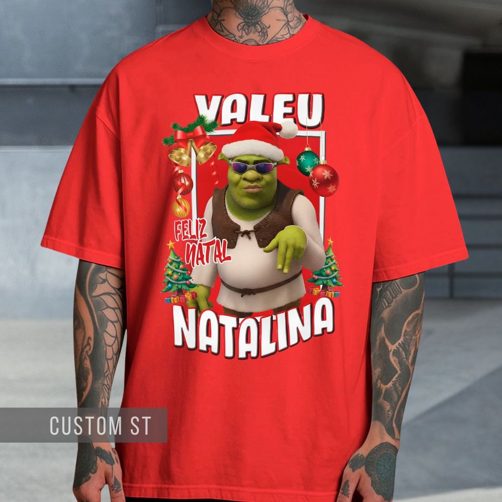 Camiseta Valeu Natalina Meme Ogro Juliete Personagem Engraçada Feliz ...
