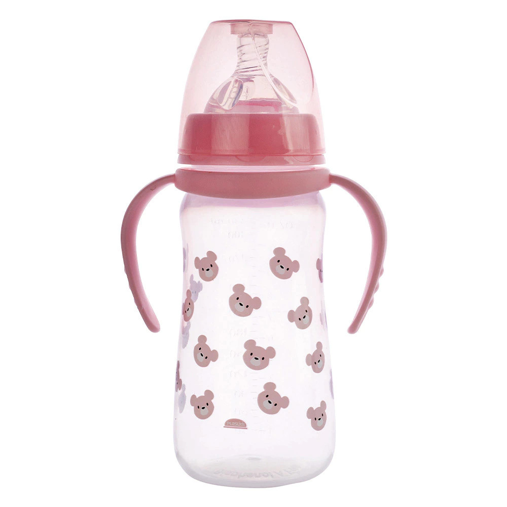 MAMADEIRA COM ALCA DECORADA URSO ROSA CLARO MENINA 330 ML PLASUTII ...