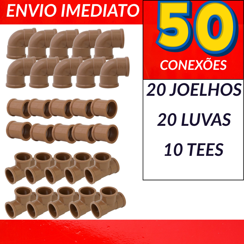 50 Conexões PVC 25mm Agua fria 20 Joelho 20 Luva 10 Tee Encanamento ...