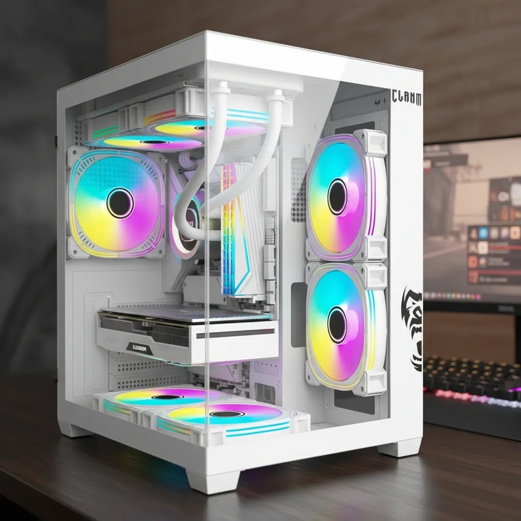 Gabinete Gamer Aquário Com 5 Fans RGB Clanm Grodd Snow Micro-ATX/ITX ...