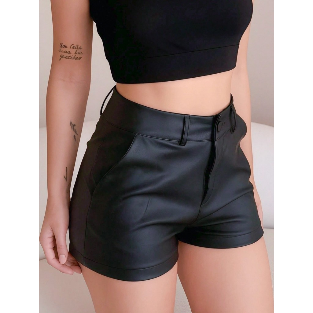 Short Couro Fake Feminino Moda Boho Sexy Cintura Alta Conforto Premium ...