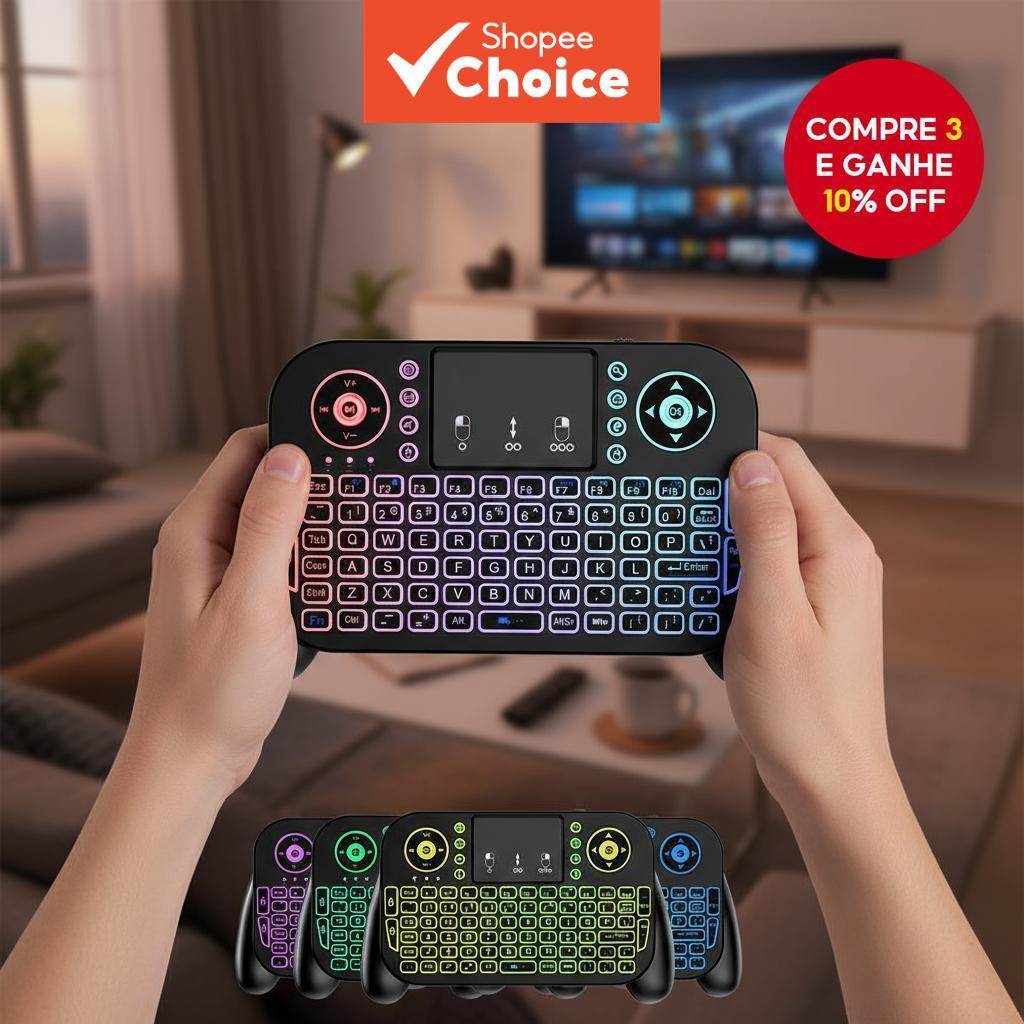 Mini Teclado BT 2.4G V8 com Mouse de Ar e Retroiluminação de 7 Cores ...