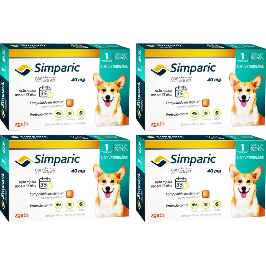 Simparic 40mg para de Cães 10,1 a 20kg - 1 Comp. - Zoetis - 4 Unidades ...