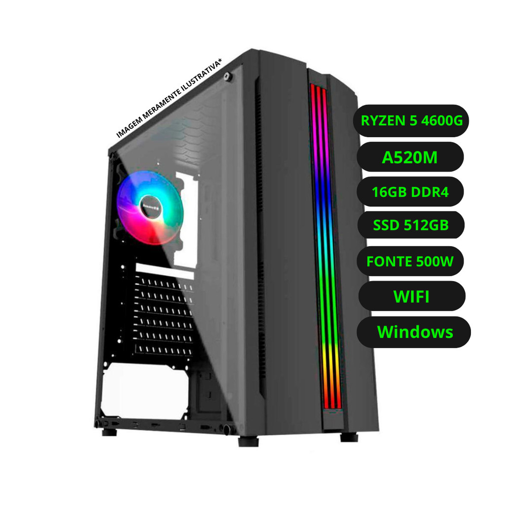 Computador CPU Gamer AMD Ryzen 4600G 16GB DDR4 SSD 512GB Fonte 500w ...