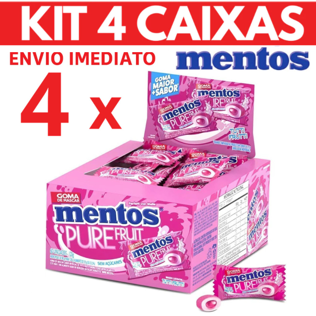 Chiclete Mentos Pure Fruit Tutti-Frutti Kit 4 Caixas 240 Gomas Sem ...