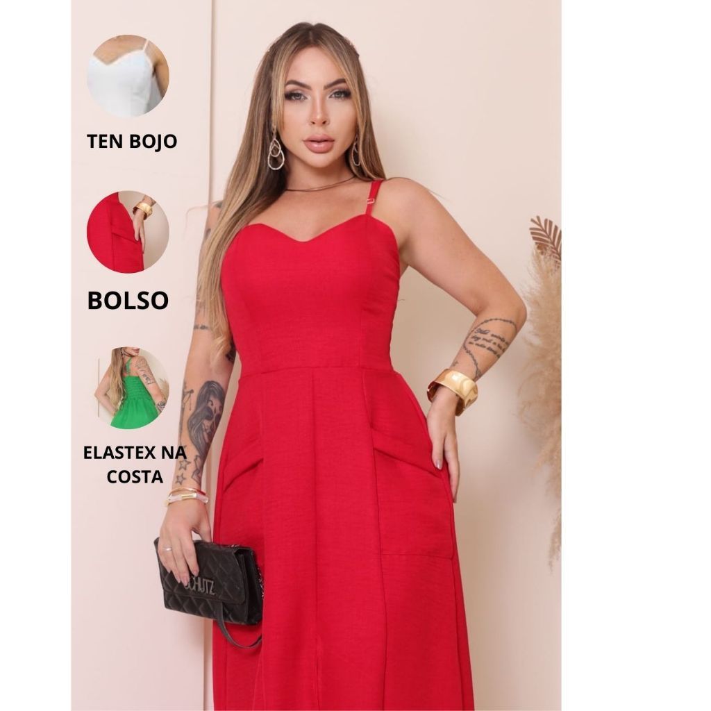 Vestido Longo Feminino em Linho com Bojo e Bolso - Lastex nas Costas e ...
