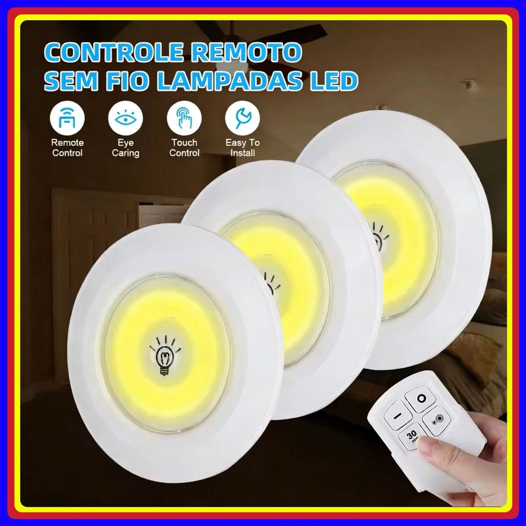 Kit 3 Lâmpadas Luminária de Led Spot Sem Fio Controle Remoto Cor Branco ...
