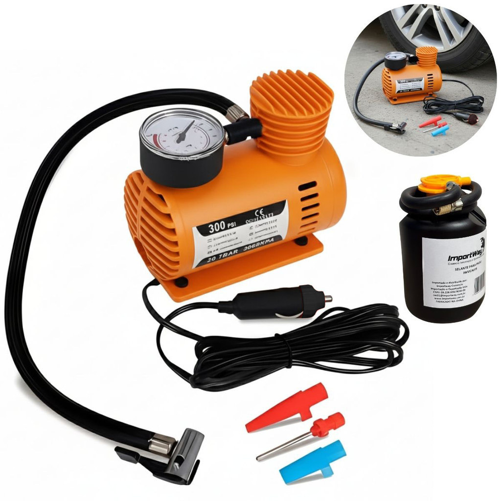 Mini Compressor de Ar Portátil 12V 300 Psi com Selante + 3 Adaptadores ...